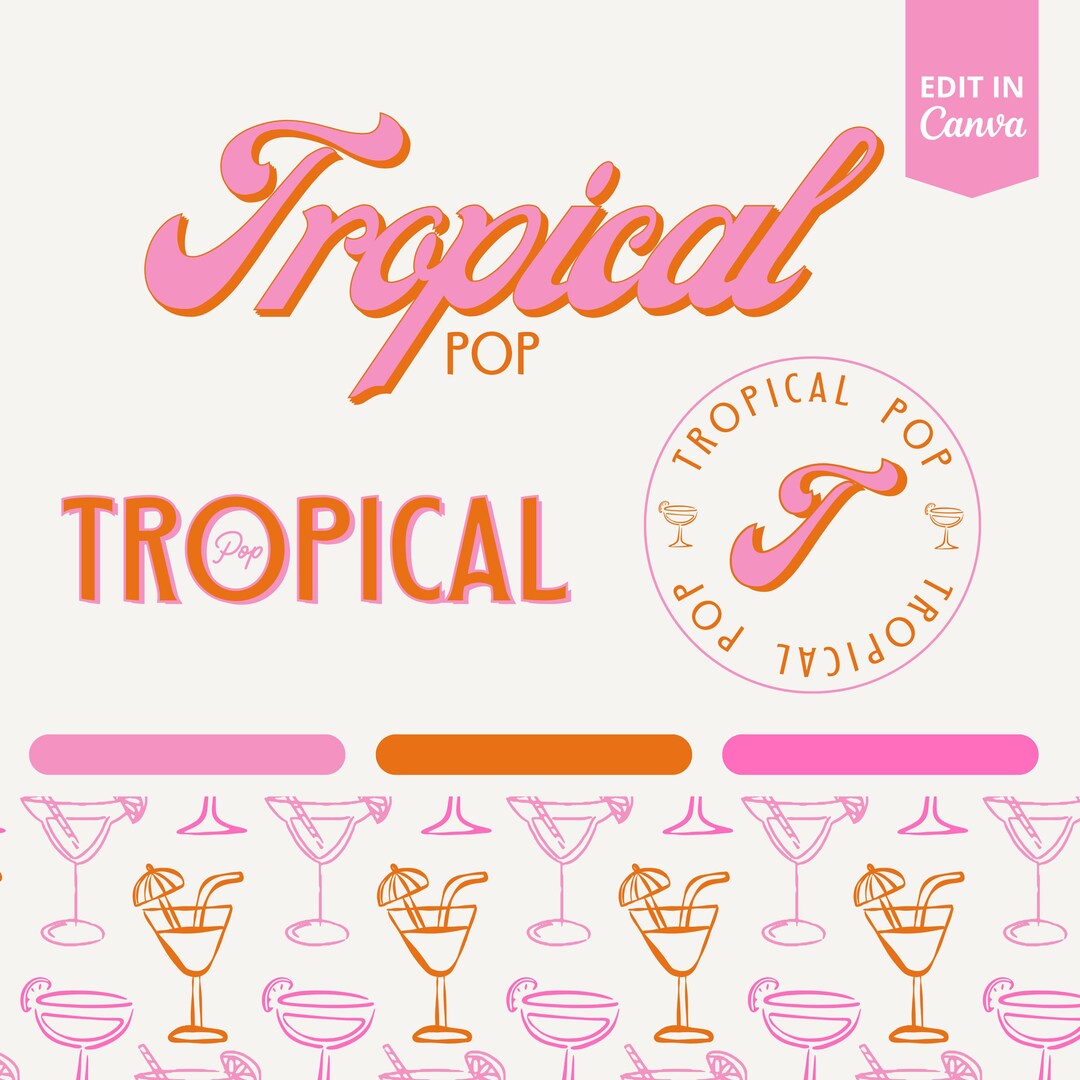Tropical Cocktail Logo Template Canva, Girly Retro Branding Kit ...