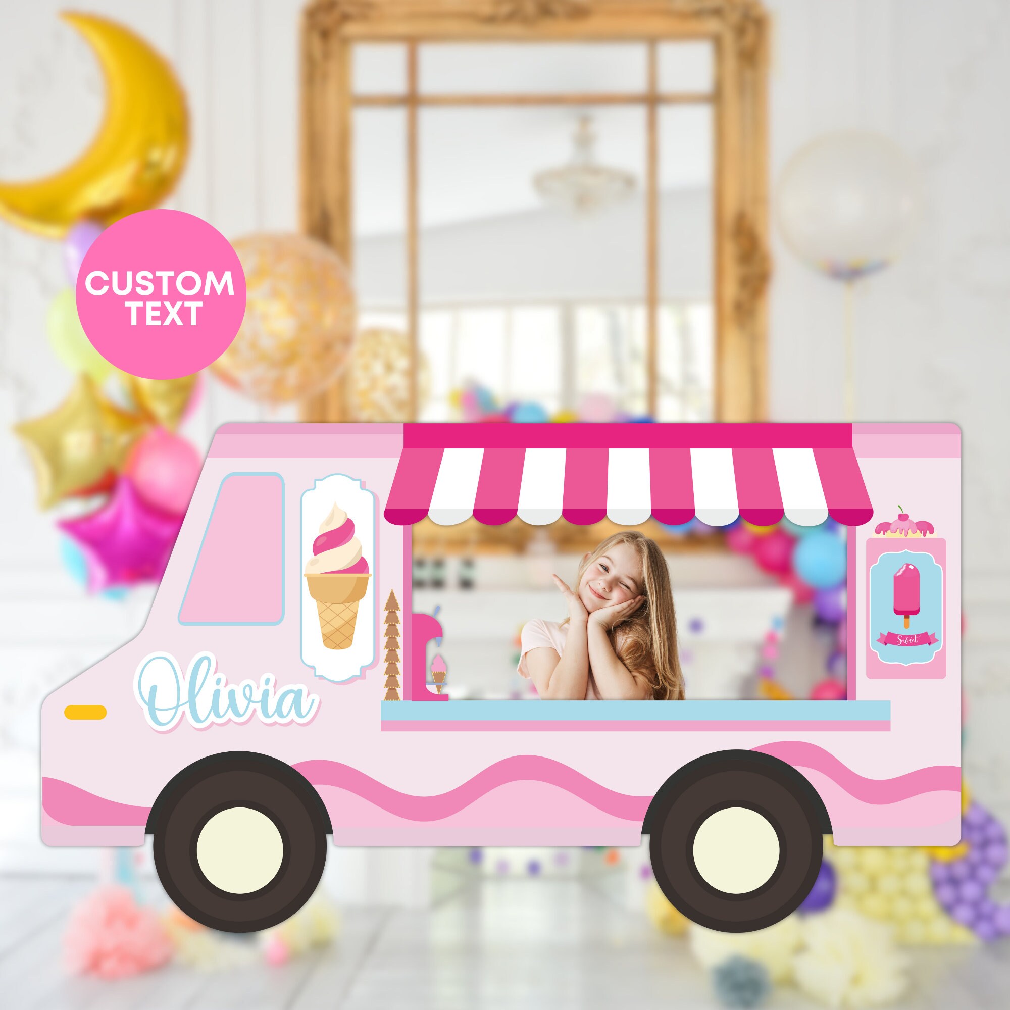 Ice Cream Truck Printable Photo Booth Digital File, Editable Pink Ice ...