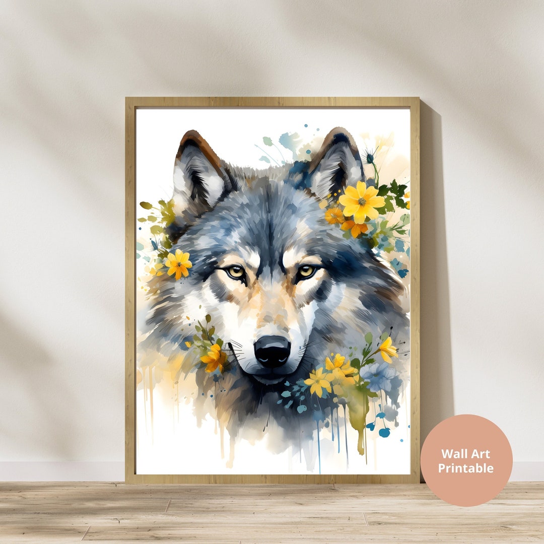 Digital Wall Art Print Wolf Wall Decor Wildlife Watercolor Painting ...