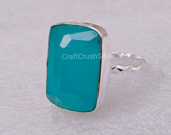 Elegant Rectangle Cushion Cut Aqua Blue Chalcedony Boho Ring Sterling Silver Statement Ring ...