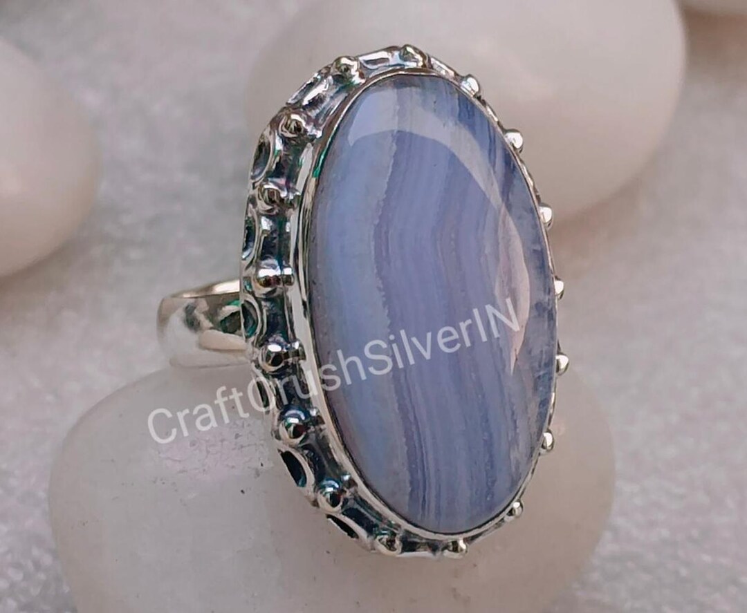 Blue Lace Agate Stone Ring: Sterling Silver Oval Gemstone Statement ...