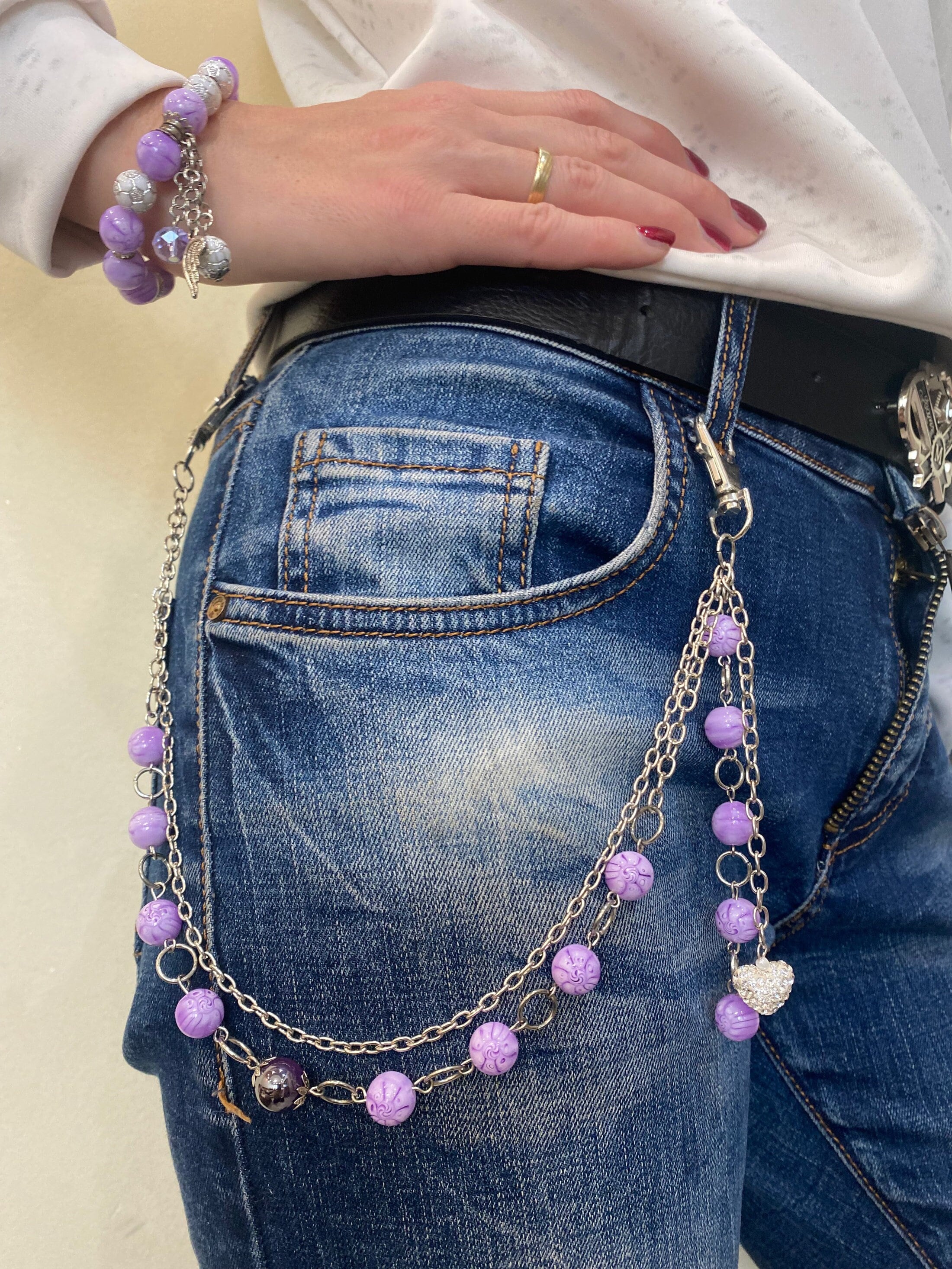 Sparkling Heart Jeans Chain, Purple Beads Chain Jeans, Sparkling Heart ...