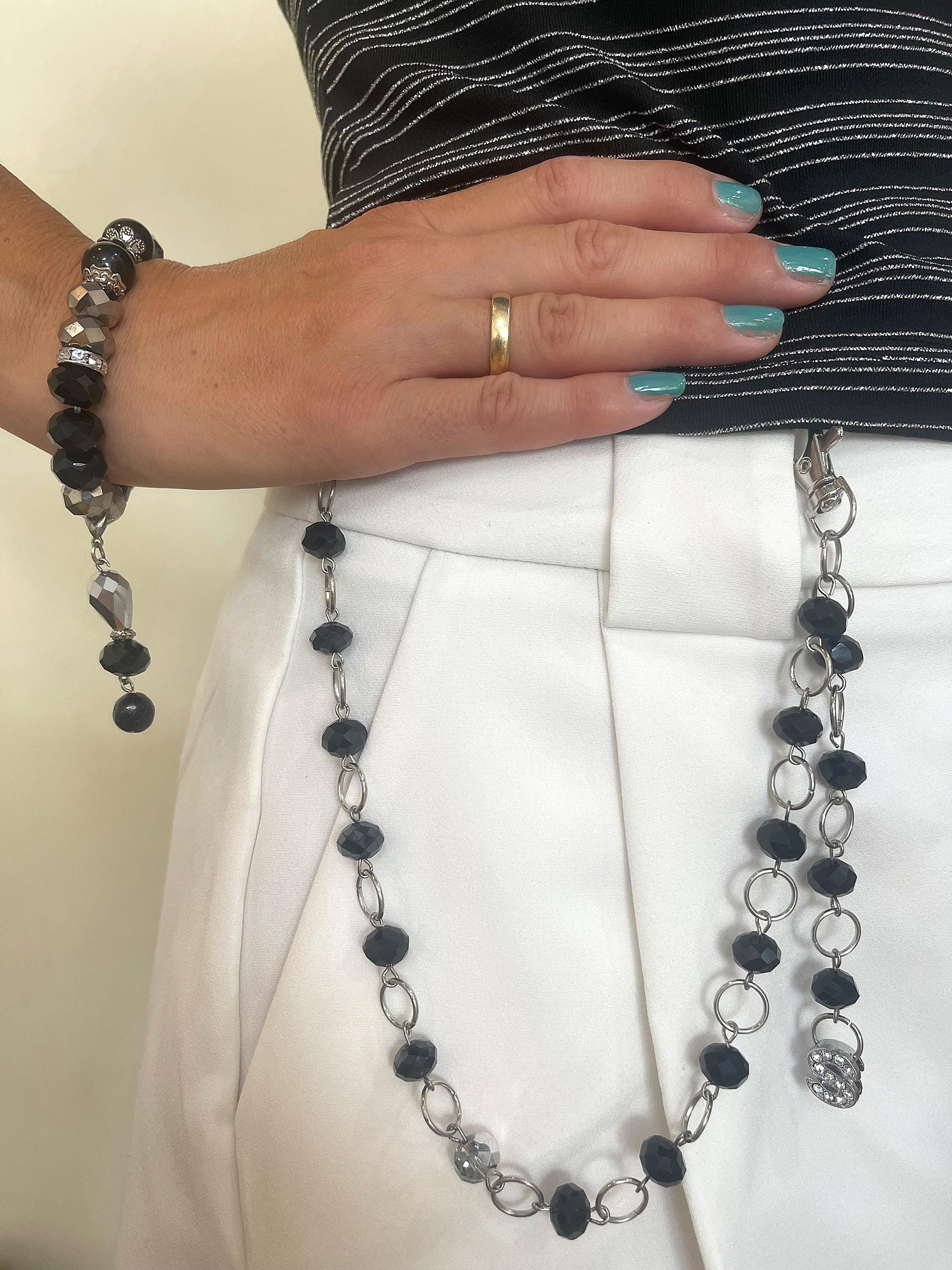 Sparkling Letter S Jeans Chain, Black Beads Pendant Jeans Chain, Metal ...
