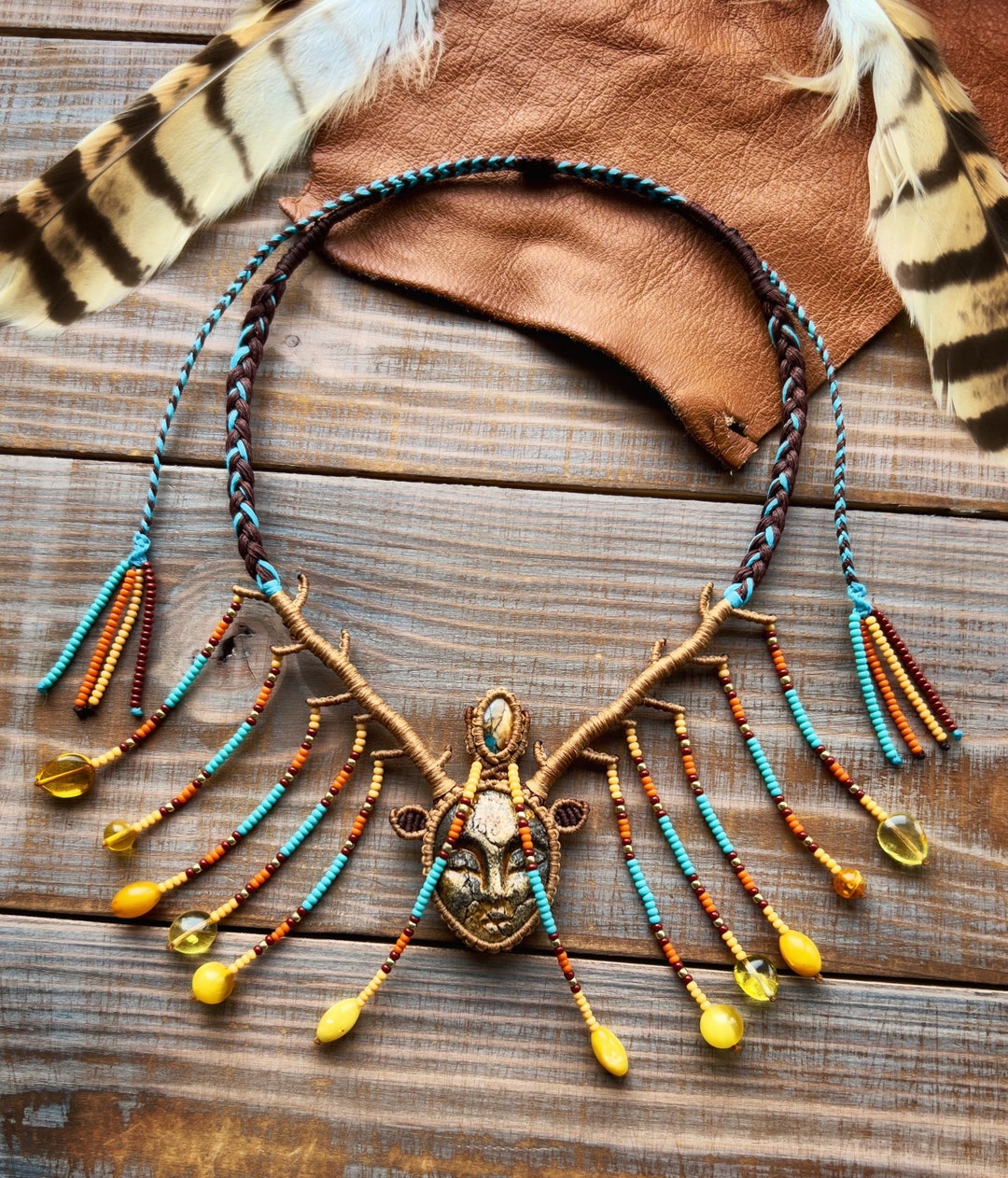 Goddess Necklace, Macrame Jewelry, Turquoise Choker, Antler Necklace ...