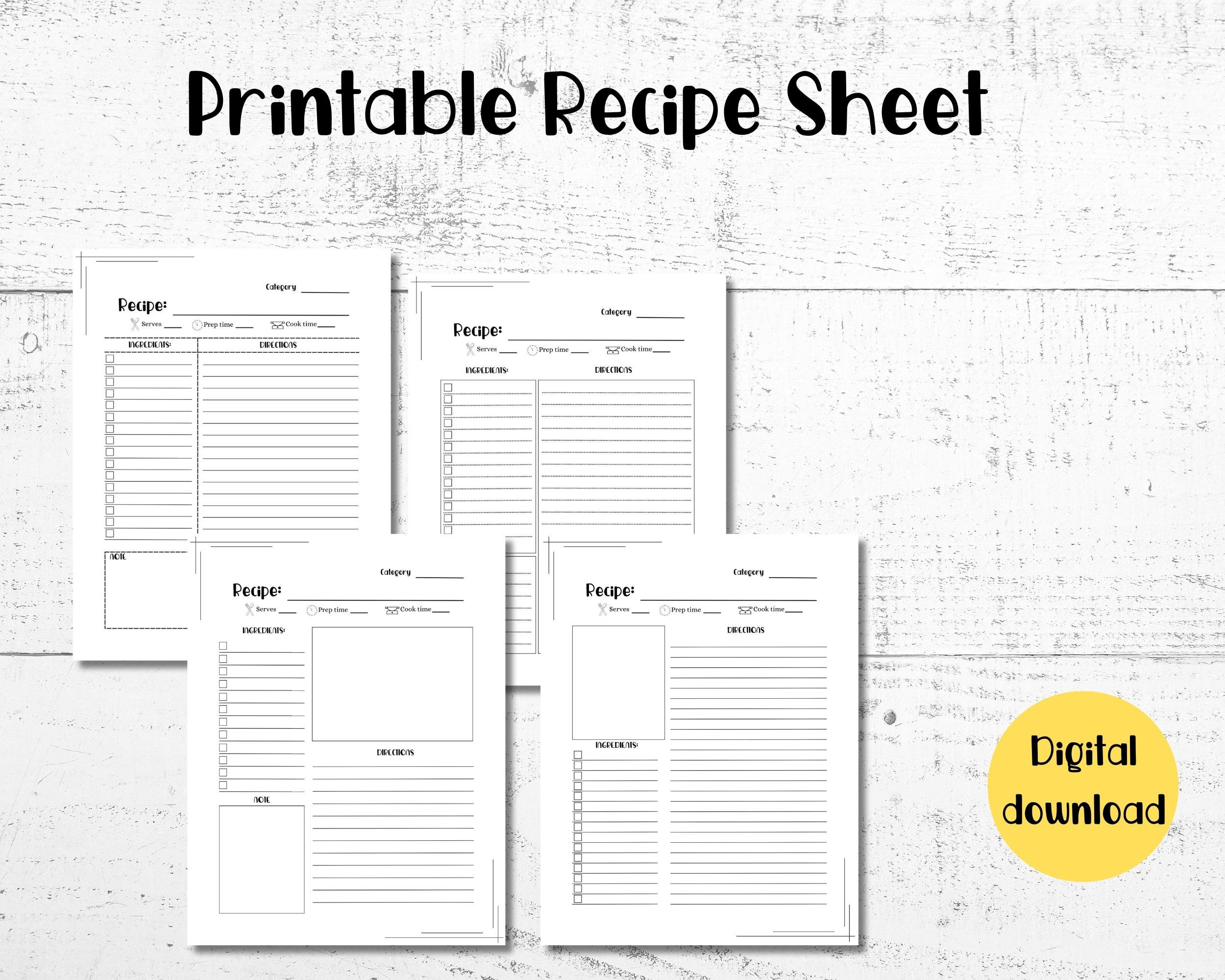 PRINTABLE Recipe Template Classic Recipe Template Personalized Recipe ...