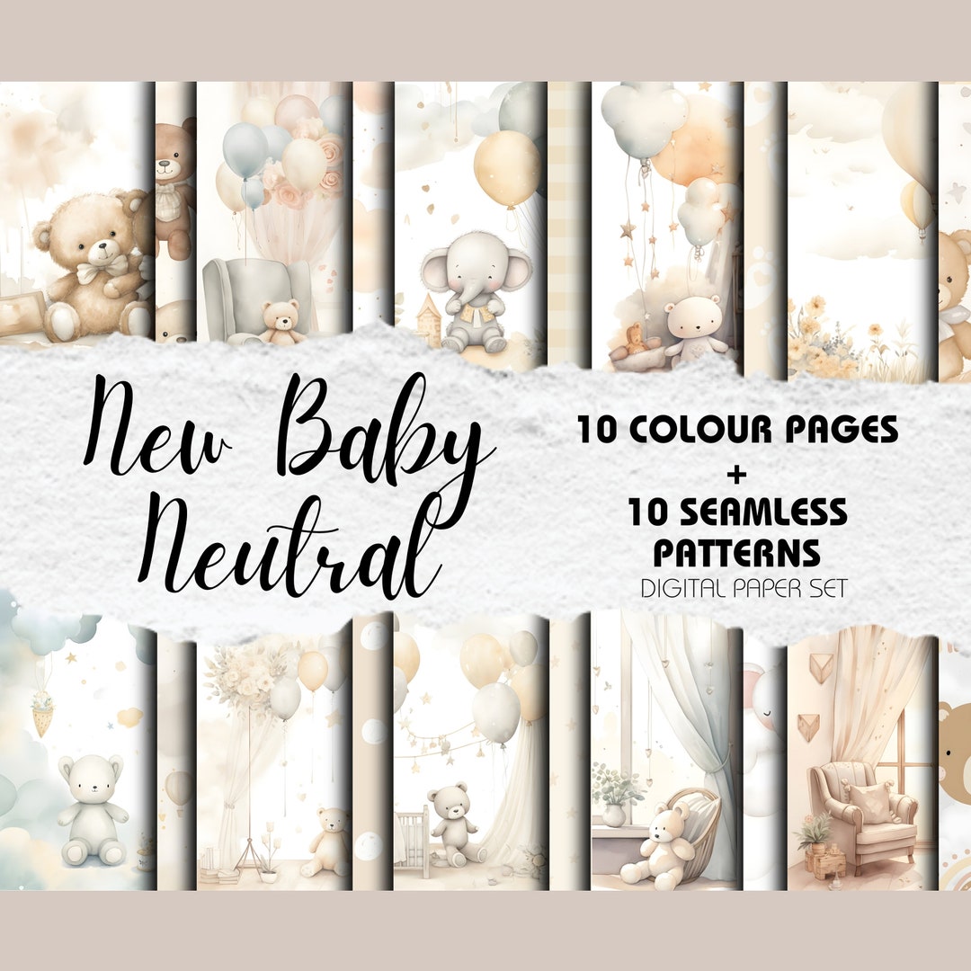 Watercolor New Baby Paper Pack: Neutral Scrapbook Patterns (digital ...
