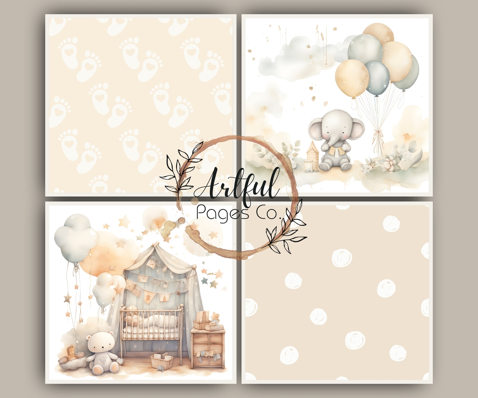 Watercolor New Baby Paper Pack: Neutral Scrapbook Patterns (digital ...