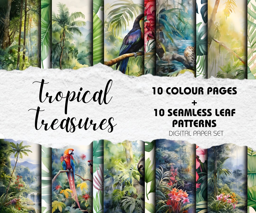 Tropical Rainforest Forest Artwork Seamless Leaf Patterns Watercolour ...