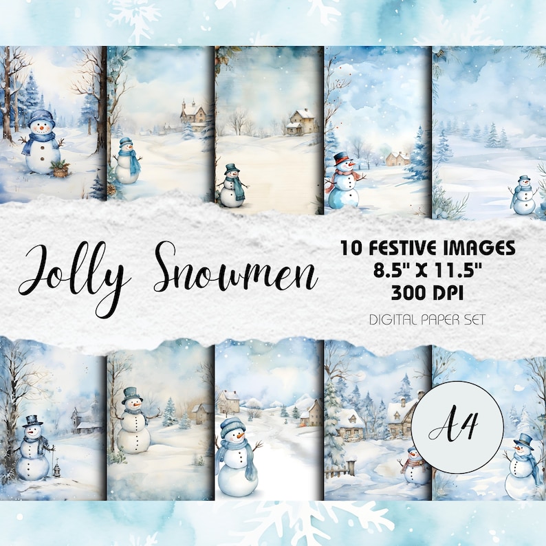 Snowmen Scrapbook Paper: A4 Watercolor Winter Backgrounds (digital ...
