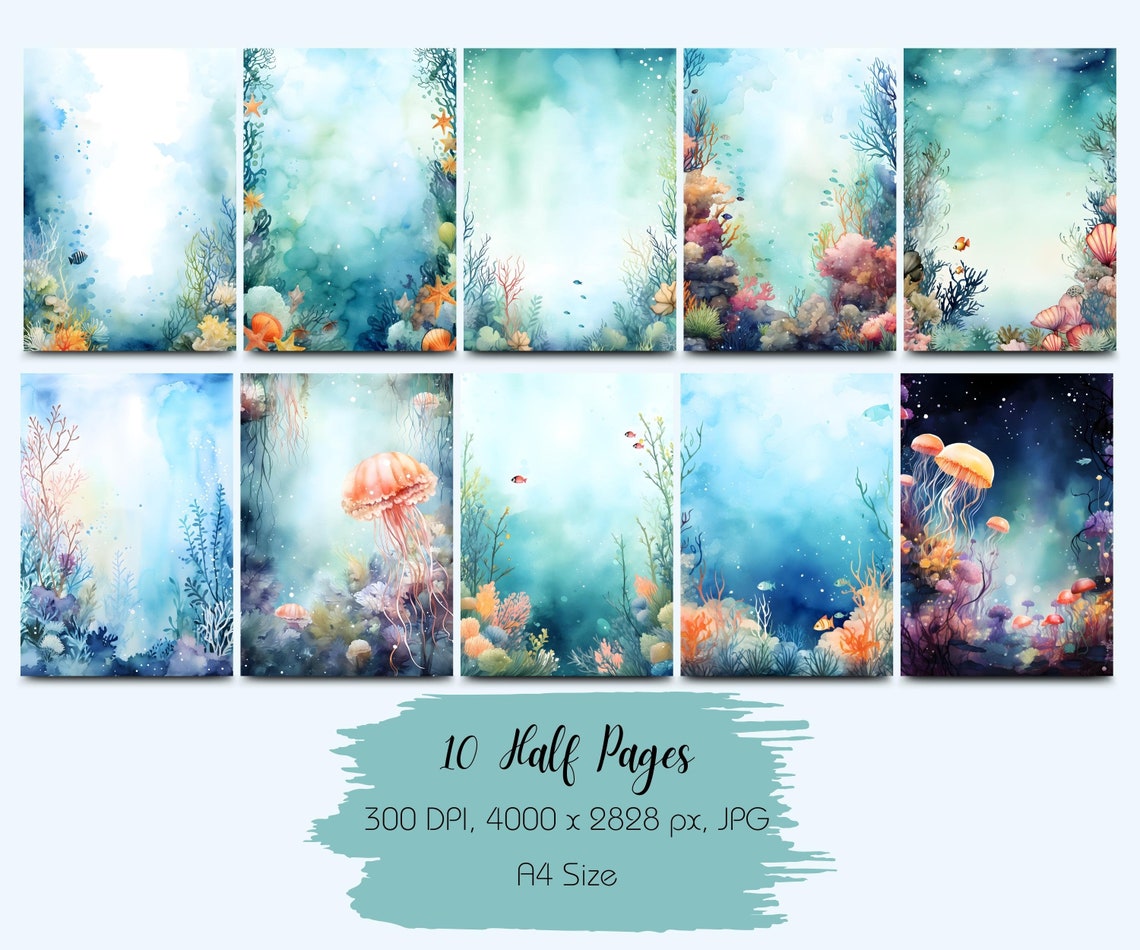 Watercolor Ocean Backgrounds: Under the Sea Scrapbook Paper (digital ...