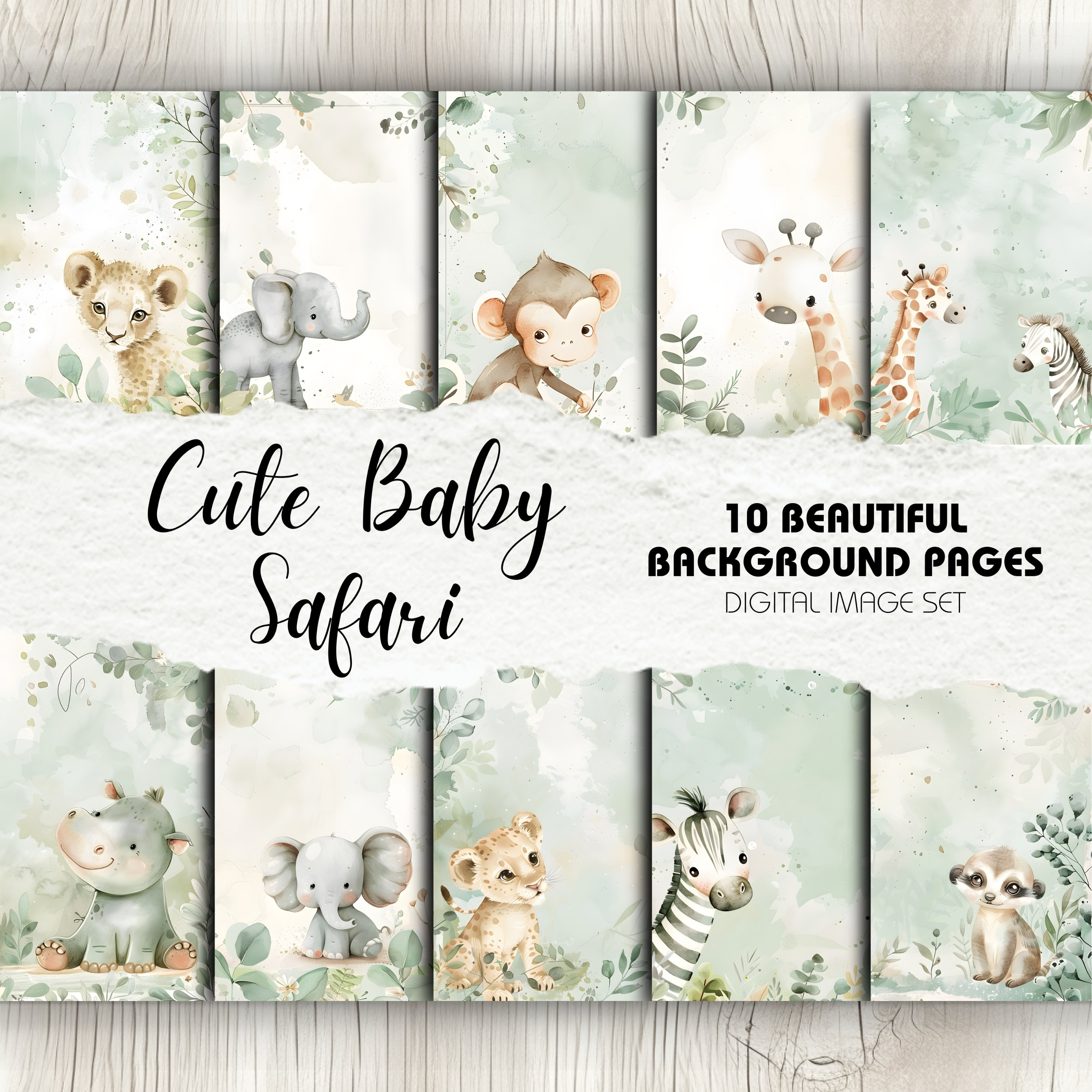 Safari Baby Scrapbook Paper: Watercolor Animal Backgrounds (digital ...
