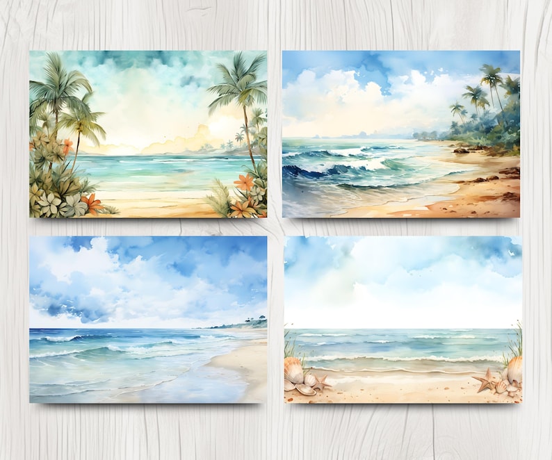 Beach Scenes: 10 Watercolour A4 Scrapbook Backgrounds (digital Download ...