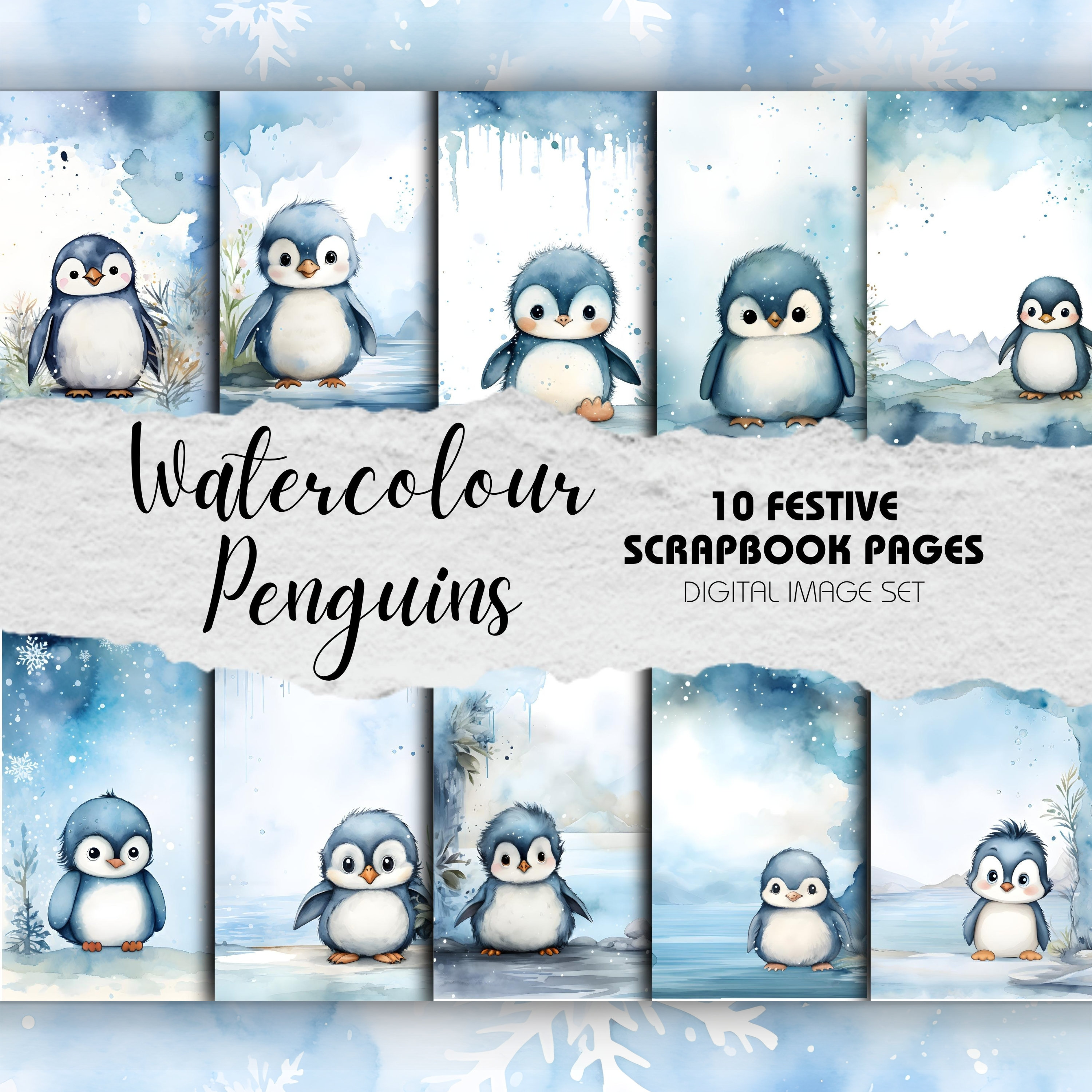 Penguins, Christmas Scrapbook Background Pages Pack of 10 Instant ...