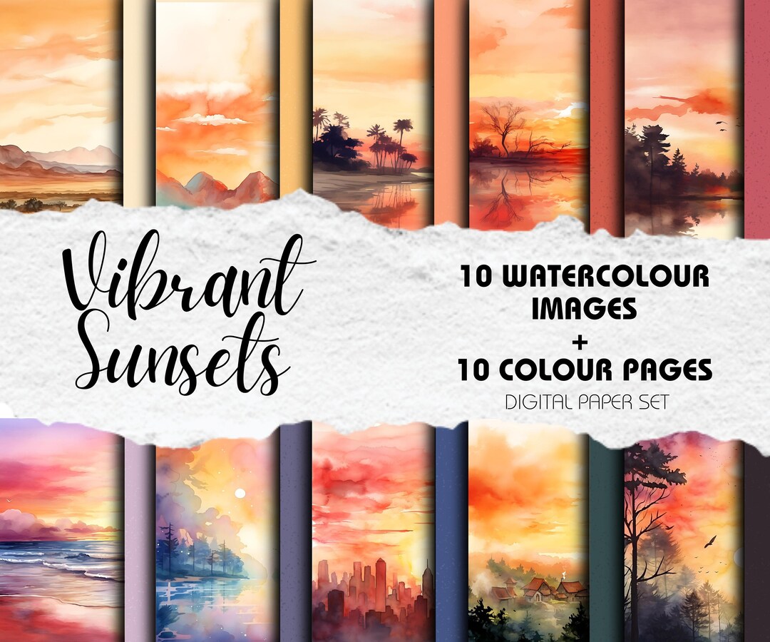 Vibrant Sunsets 10 Square Watercolour Scrapbook Backgrounds Instant ...