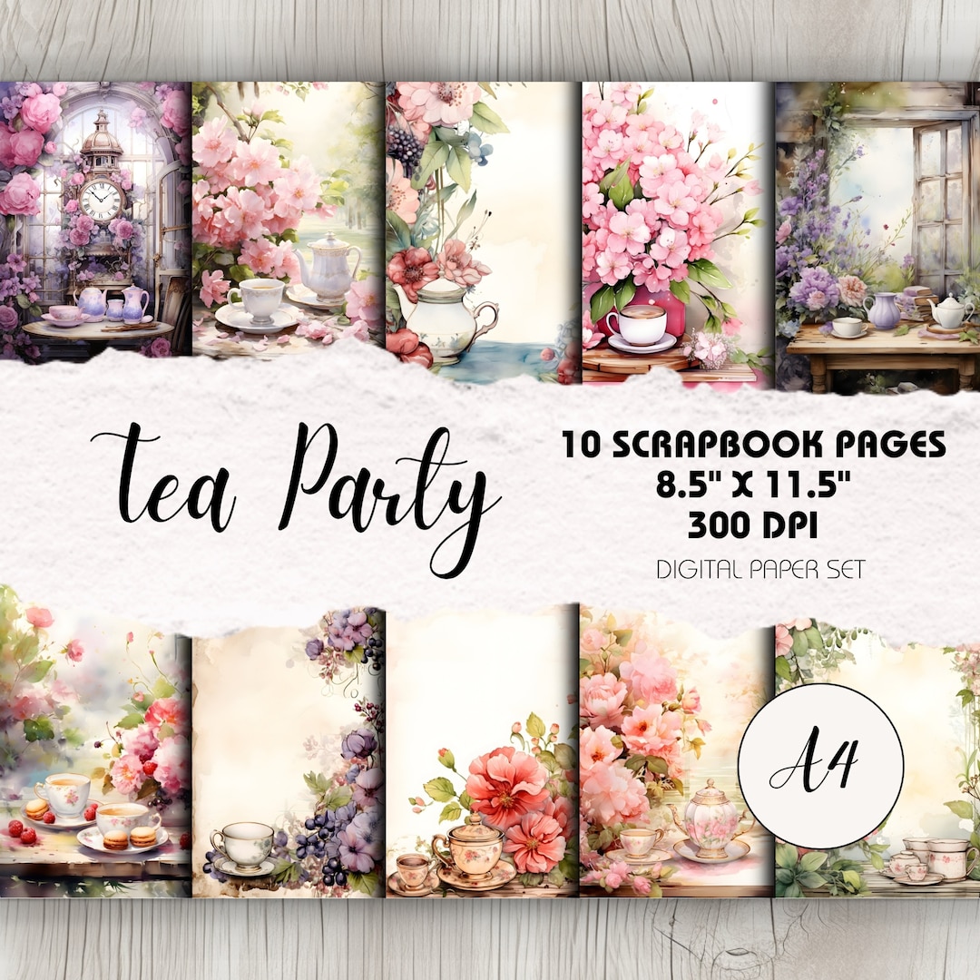 Watercolor Floral Tea Party Backgrounds: A4 Scrapbook Paper (digital ...