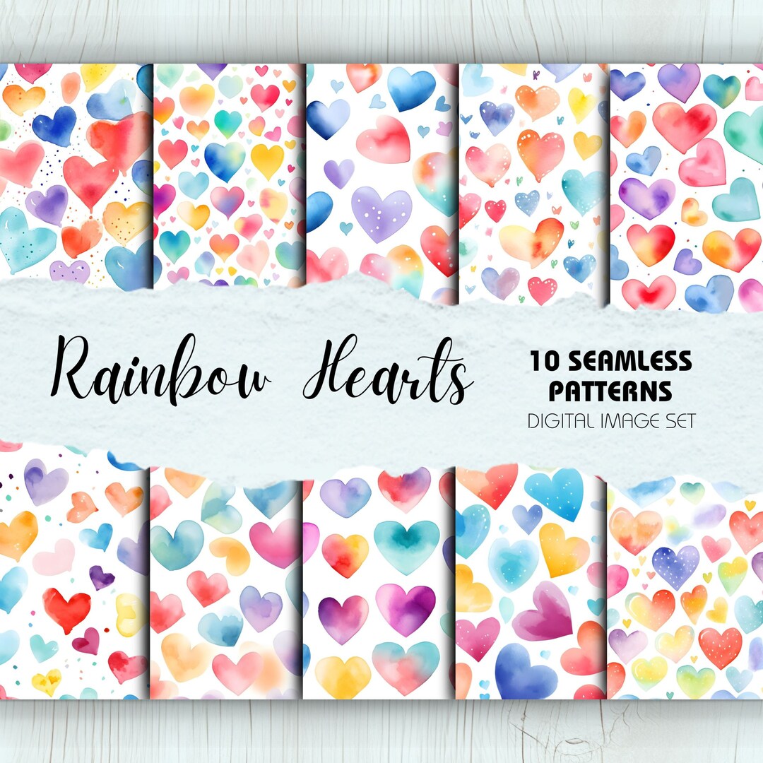 10 Seamless Patterns - Rainbow Hearts | Instant Download | Valentines ...