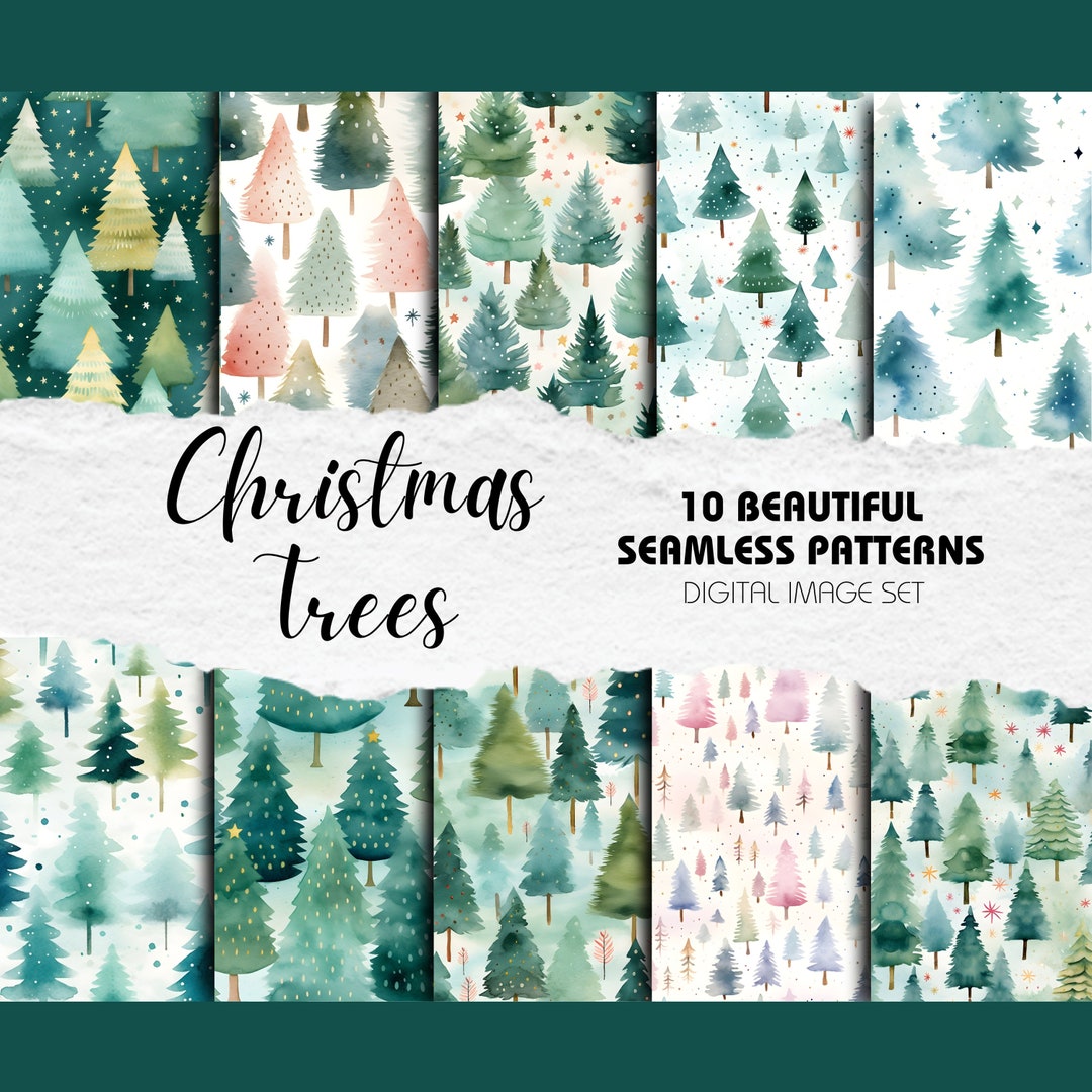 Watercolor Christmas Tree Seamless Patterns: Holiday Scrapbook Paper ...