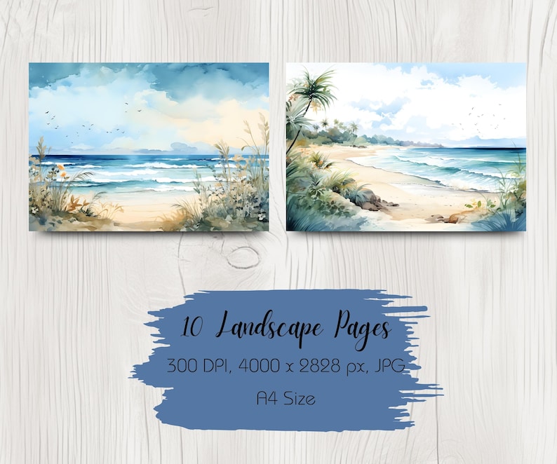 Beach Scenes: 10 Watercolour A4 Scrapbook Backgrounds (digital Download ...