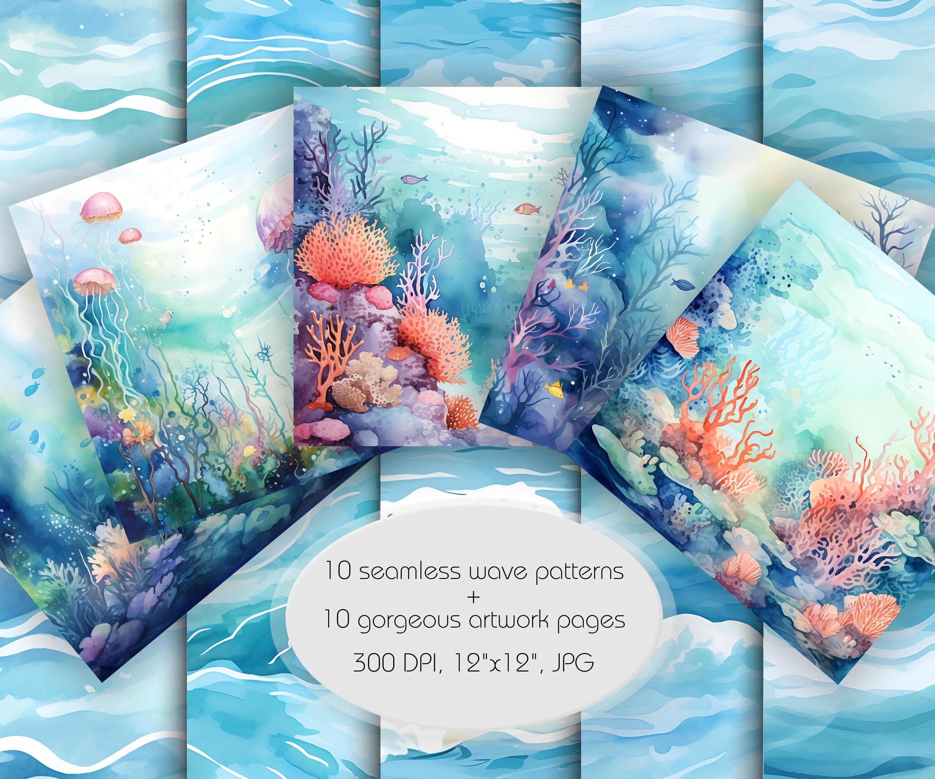 Watercolor Under the Sea Digital Paper: Ocean Waves, Scrapbooking ...