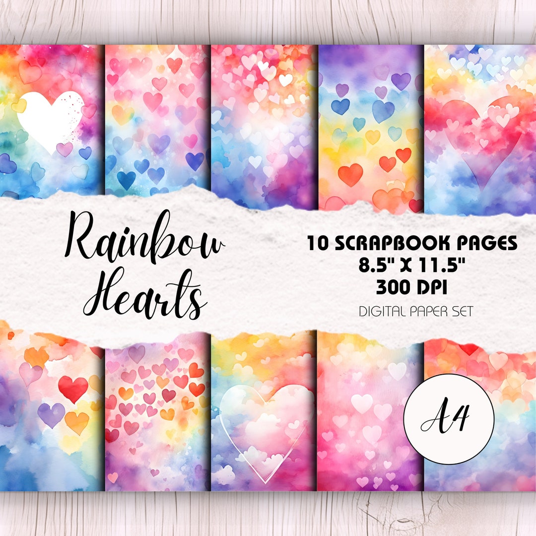 Rainbow Hearts Watercolor Background: 10 A4 Scrapbook Pages (digital ...