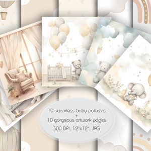 Watercolor New Baby Paper Pack: Neutral Scrapbook Patterns (digital ...