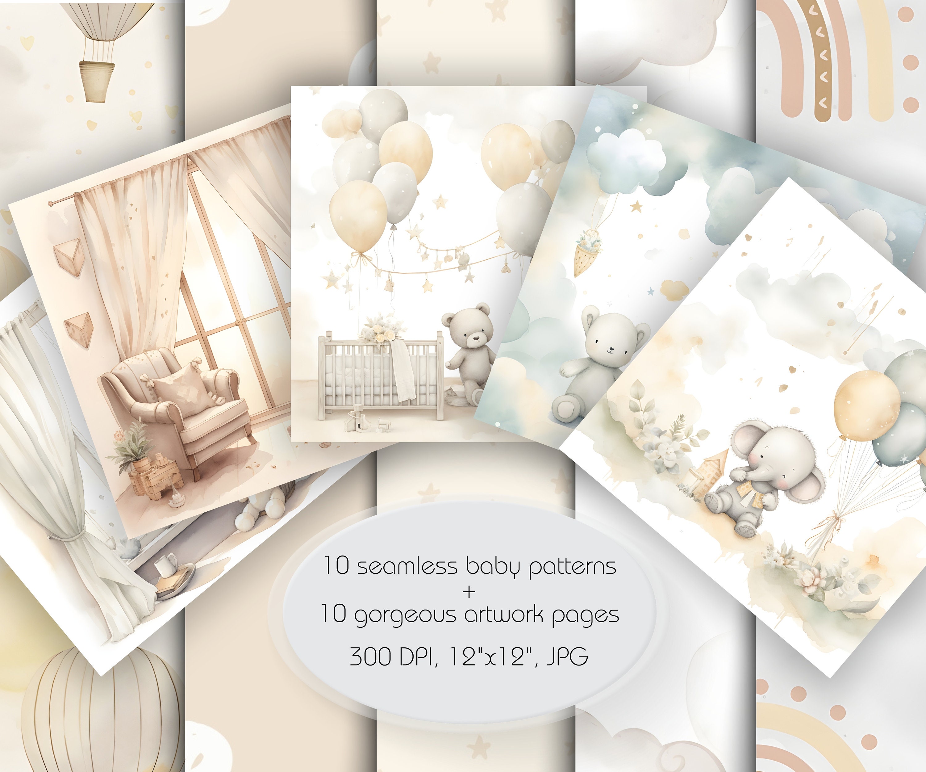 Watercolor New Baby Paper Pack: Neutral Scrapbook Patterns (digital ...