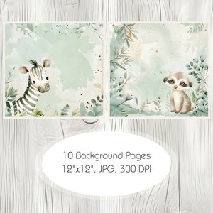 Safari Baby Scrapbook Paper: Watercolor Animal Backgrounds (digital ...