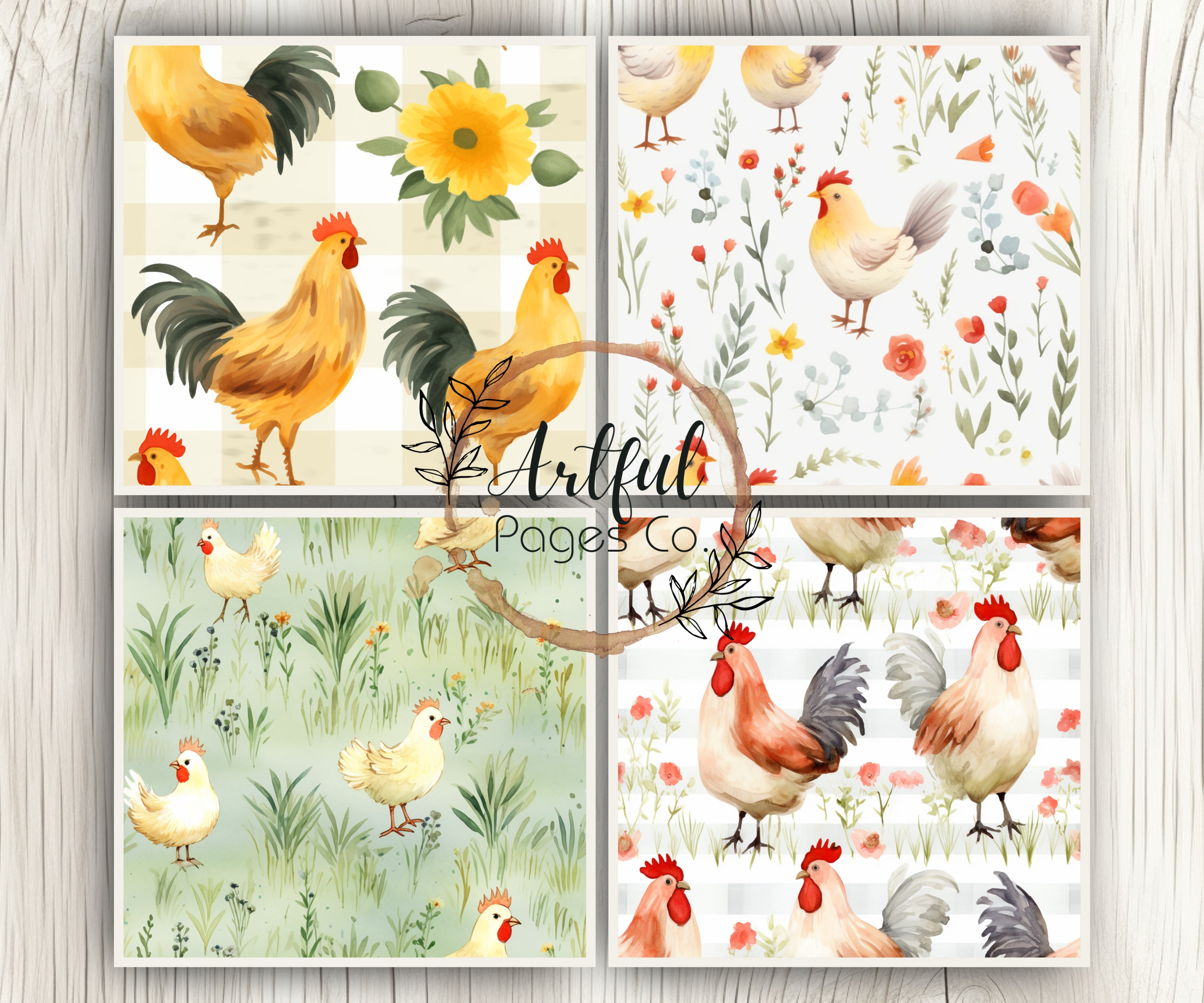 Watercolor Chicken Seamless Patterns: Farmhouse Scrapbook Paper ...