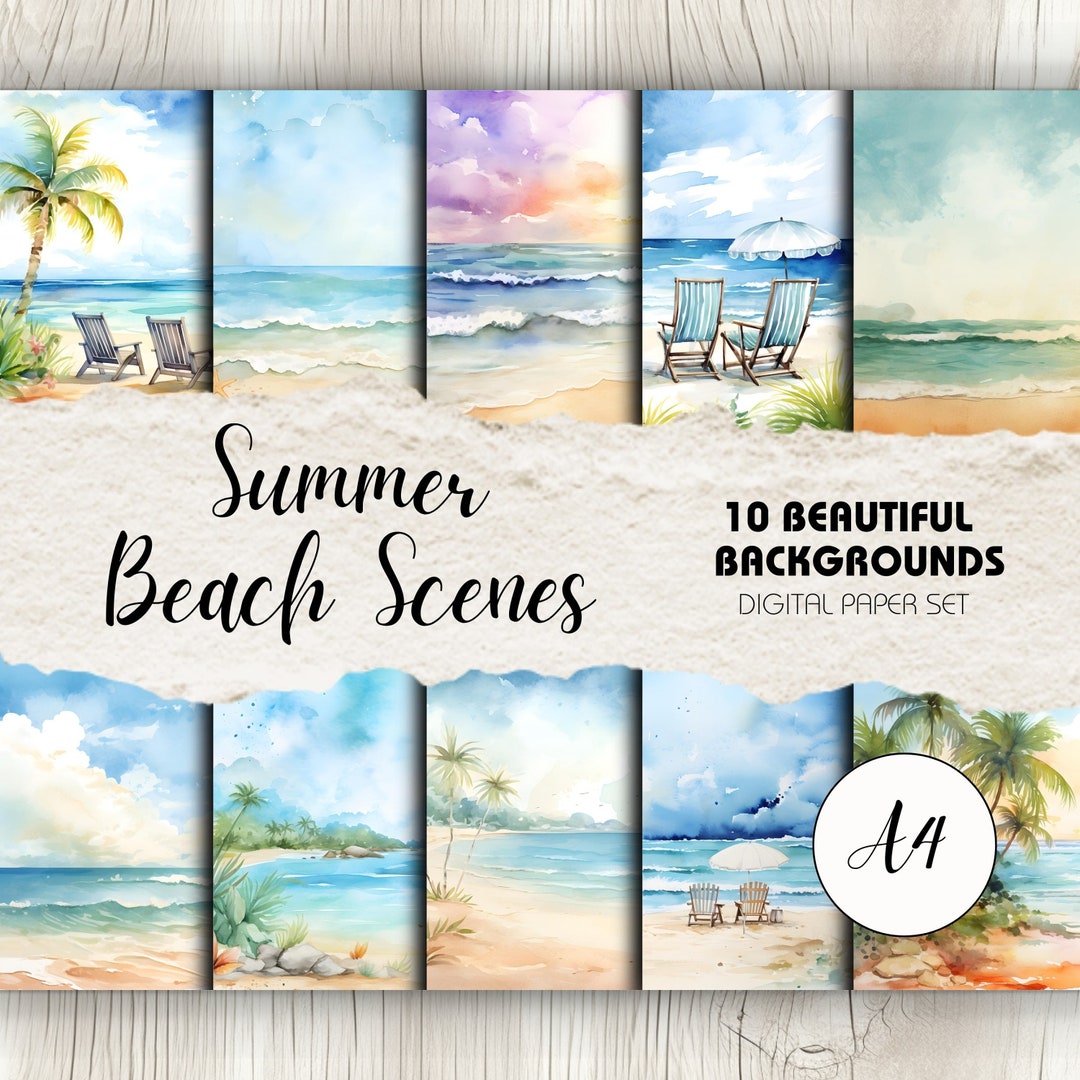 Watercolor Beach Backgrounds: 10 A4 Scrapbook Paper (digital Download ...