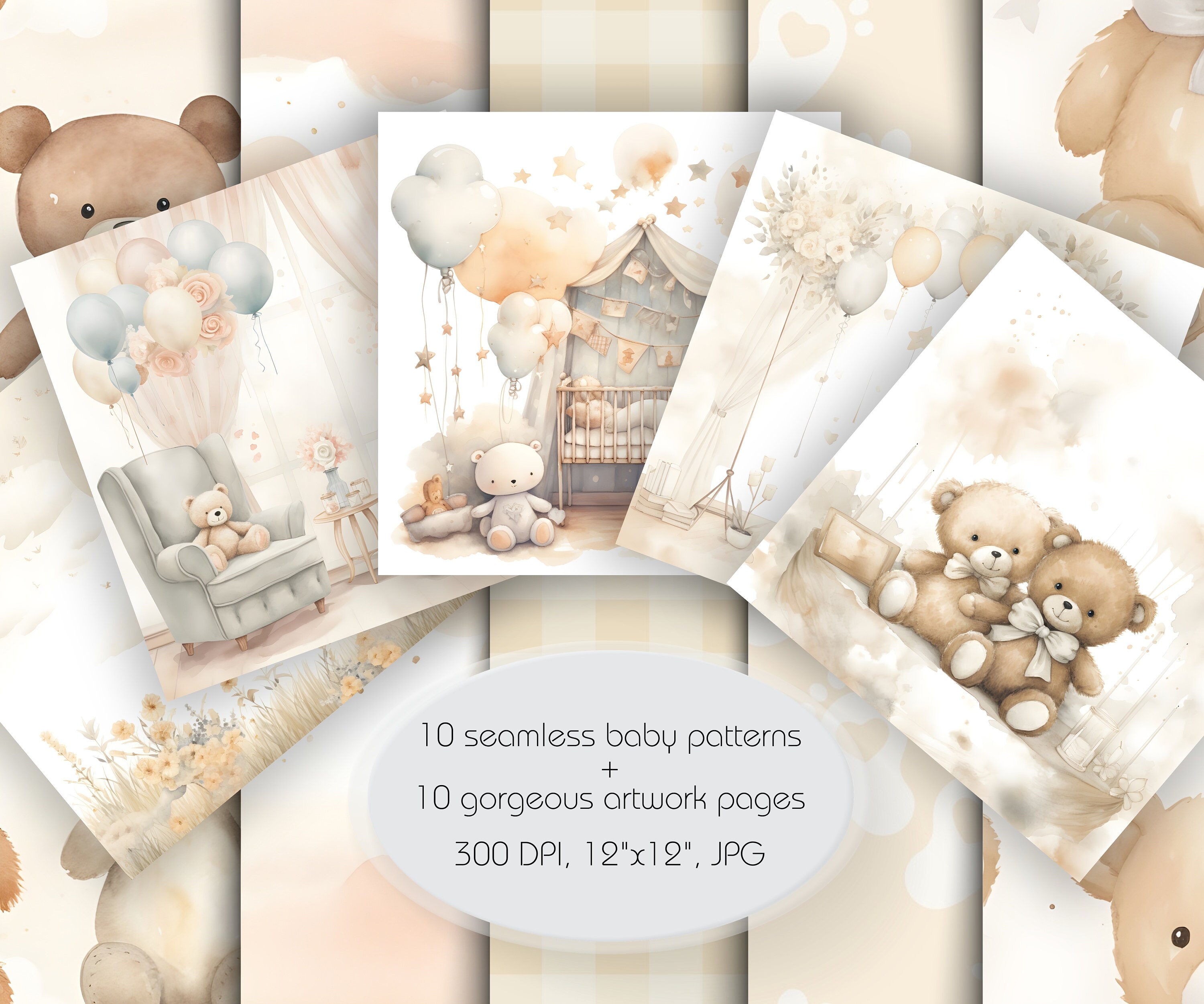 Watercolor New Baby Paper Pack: Neutral Scrapbook Patterns (digital ...
