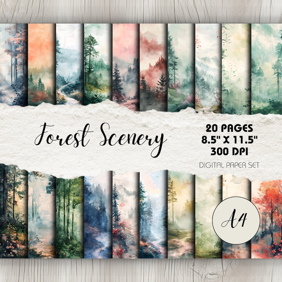 Forest Scenery - 10 A4 Watercolour Scrapbook Pages | Instant Download ...