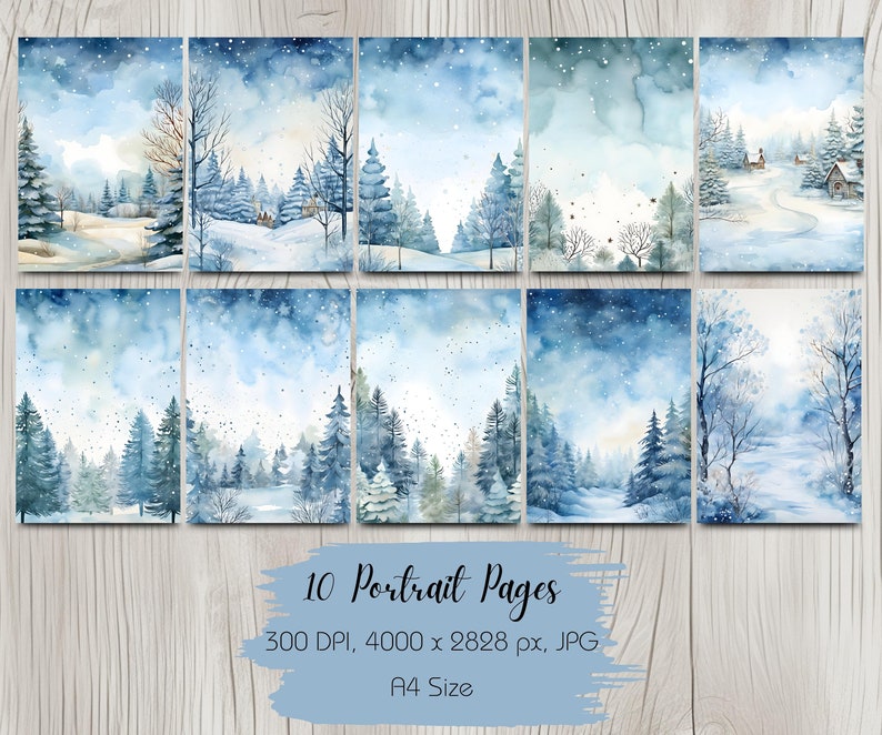 Winter Woodland Scrapbook Paper, Watercolor A4 Backgrounds (digital ...