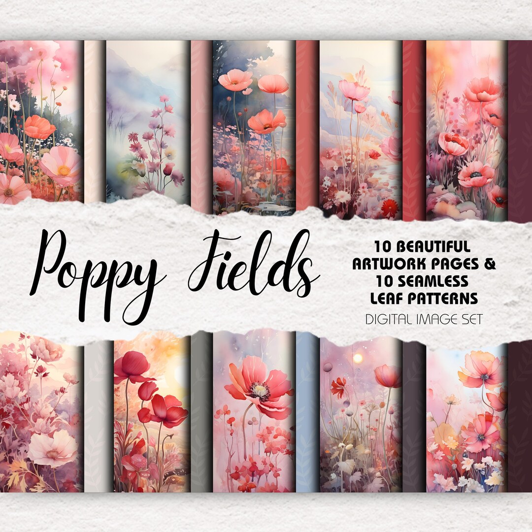 Poppies Digital Download Scrapbook Pages, Seamless Leaf Pattern, Poppy ...