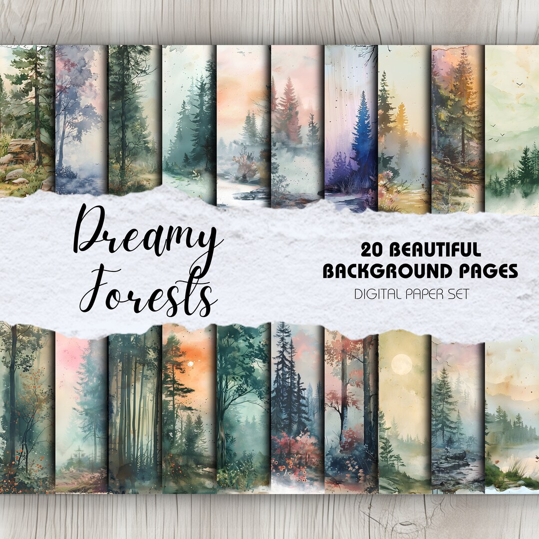 20 Square Scrapbook Background Pages - Forest Scenery, Watercolour ...