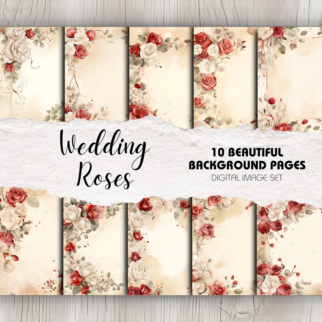 10 Wedding Book Backgrounds Red and White Roses Instant Download Paper ...