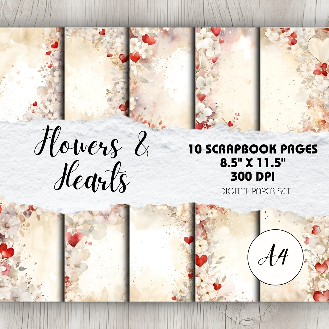 Flowers and Hearts - 10 A4 Size Printable Pages | Instant Download ...