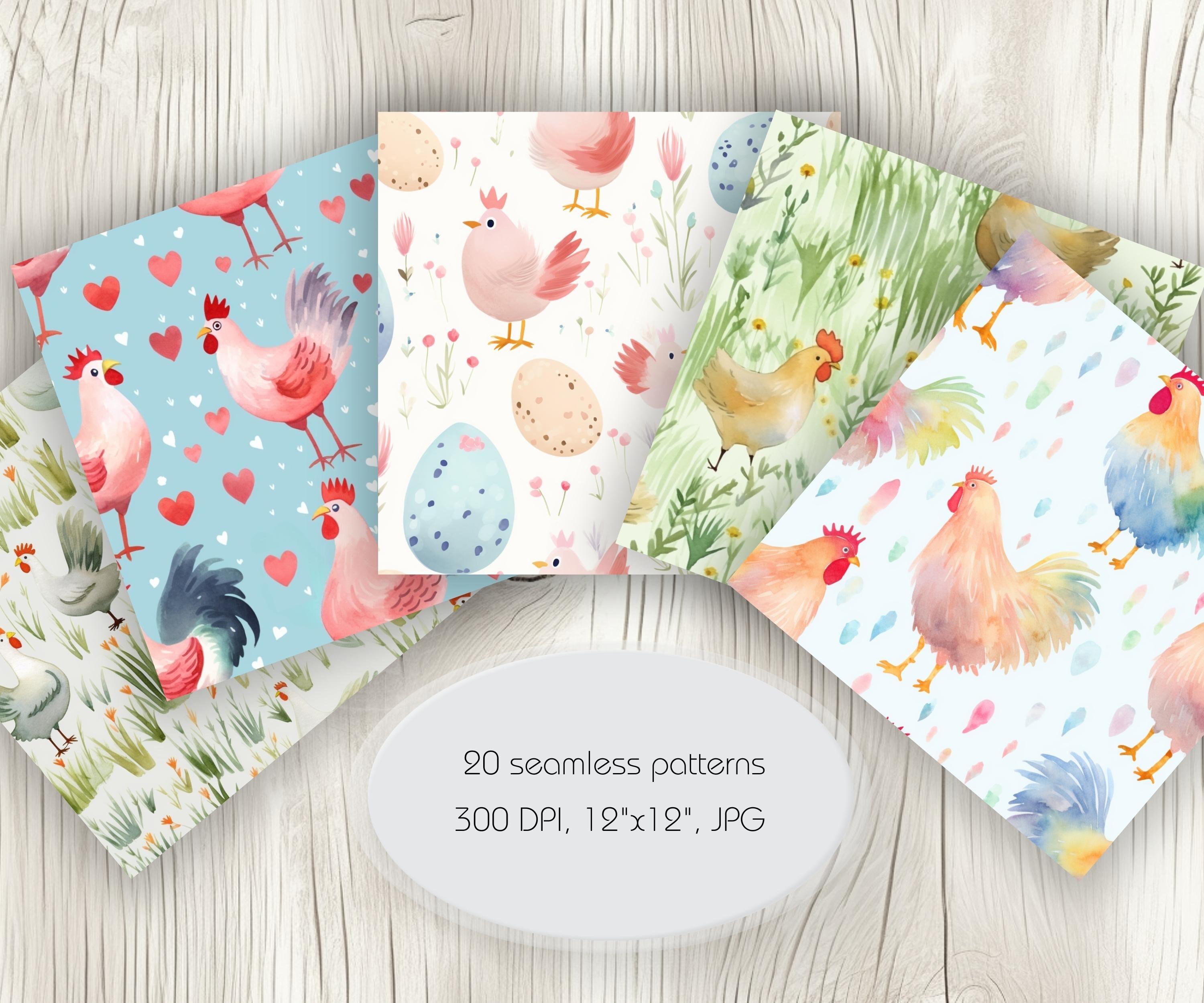 Watercolor Chicken Seamless Patterns: Farmhouse Scrapbook Paper ...