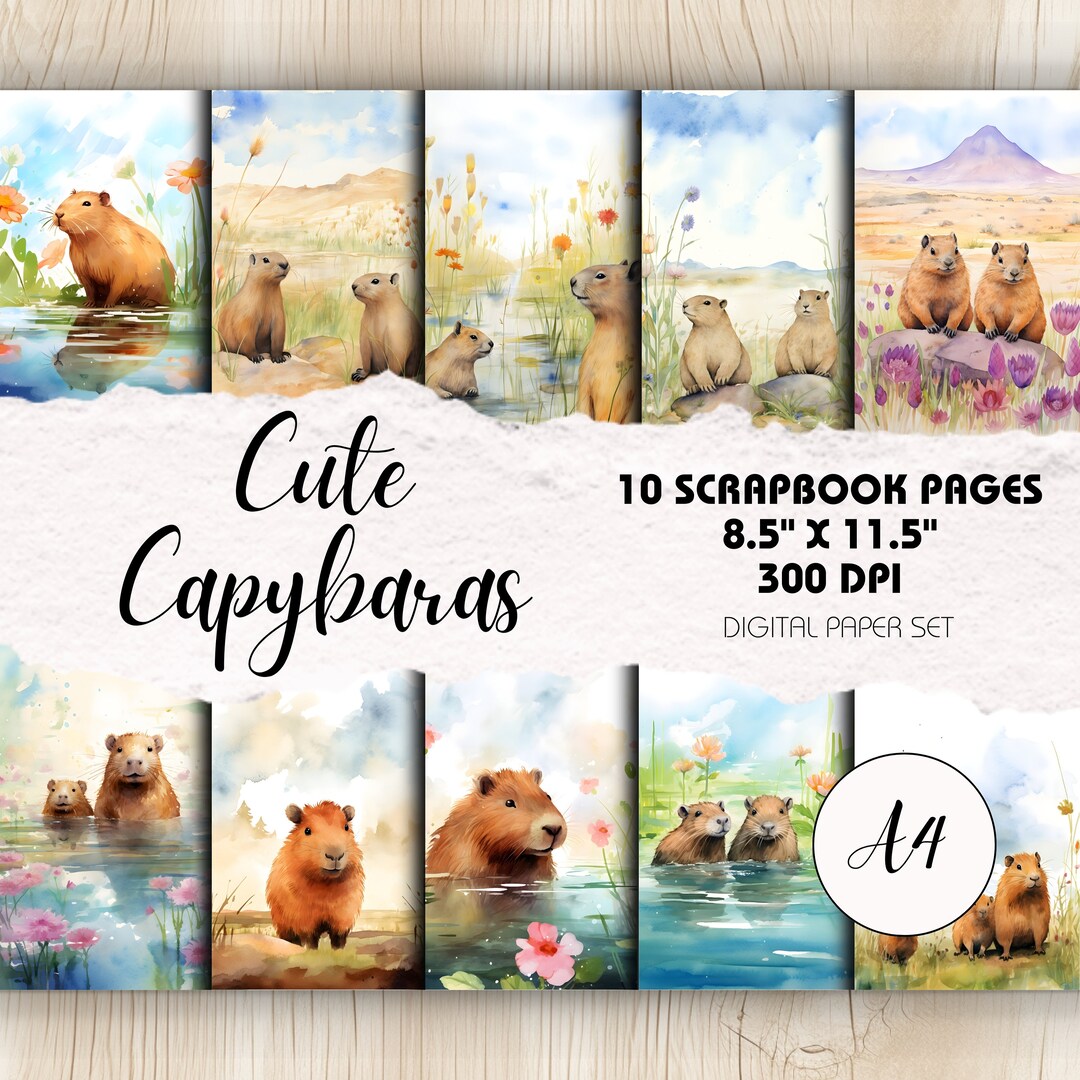 Cute Capybaras A4 Backgrounds (10) Digital Download: Watercolor ...