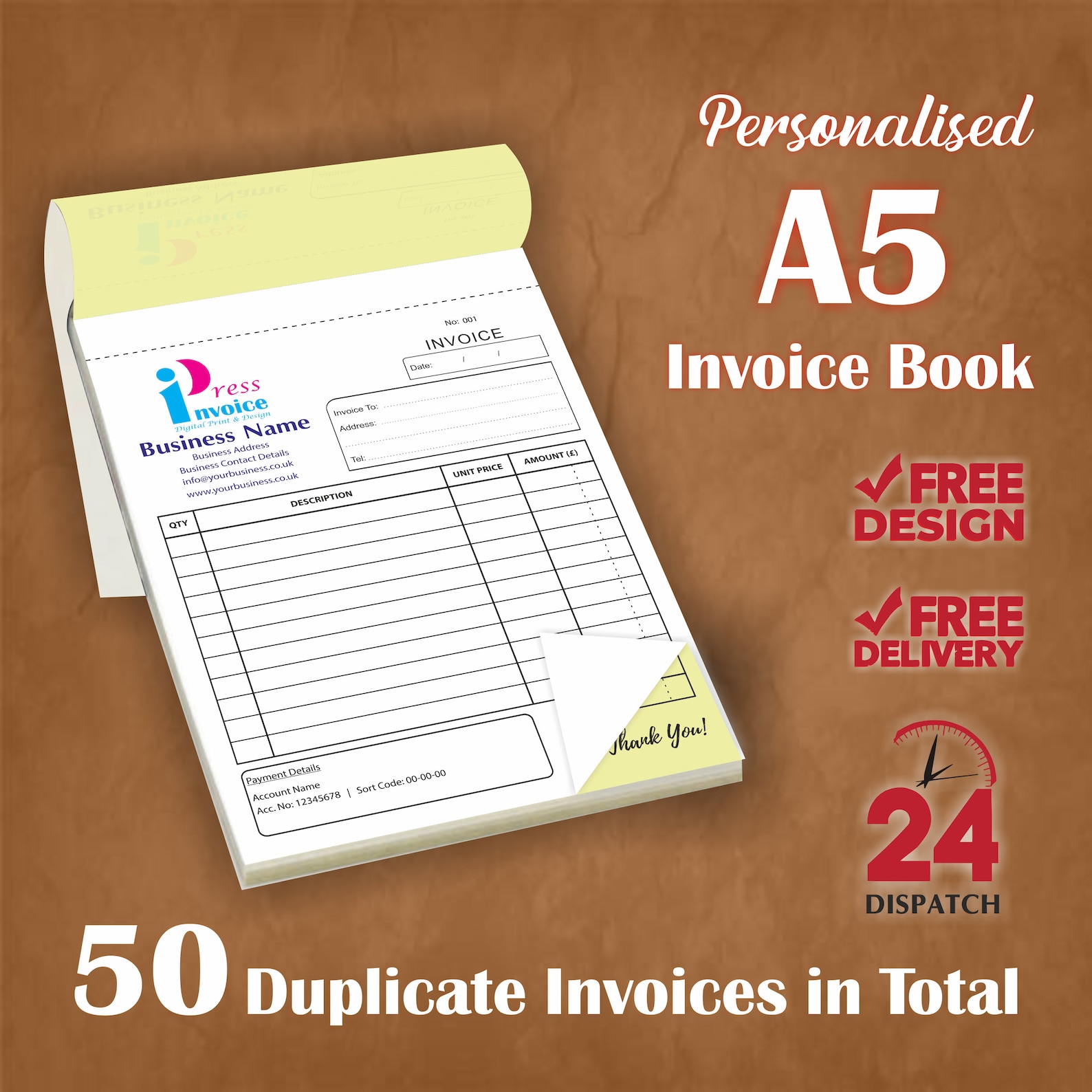 Personalised A5 Duplicate Invoice Book / Bill Book / NCR Pad / Receipt ...