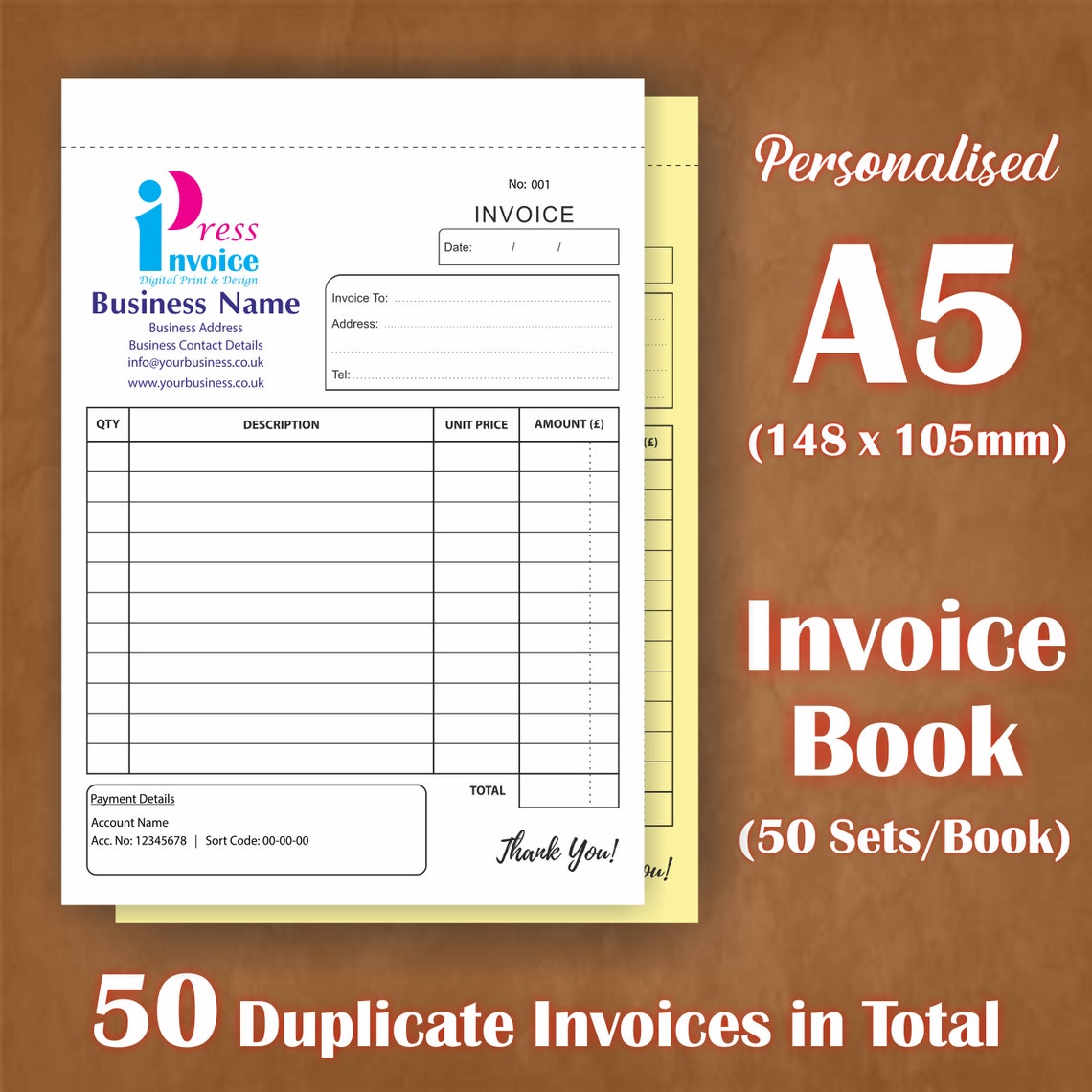 Personalised A5 Duplicate Invoice Book / Bill Book / NCR Pad / Receipt ...