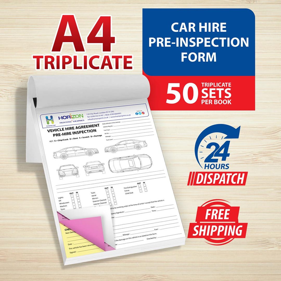 Personalised A4 Triplicate / Vehicle Hire Pre-inspection Form / 50 Sets ...