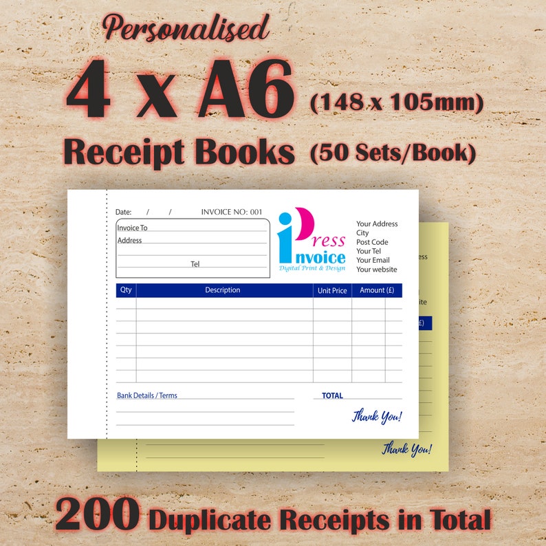 4 X A6 Personalised Duplicate Invoice Books / Invoice Pads Full Colour ...