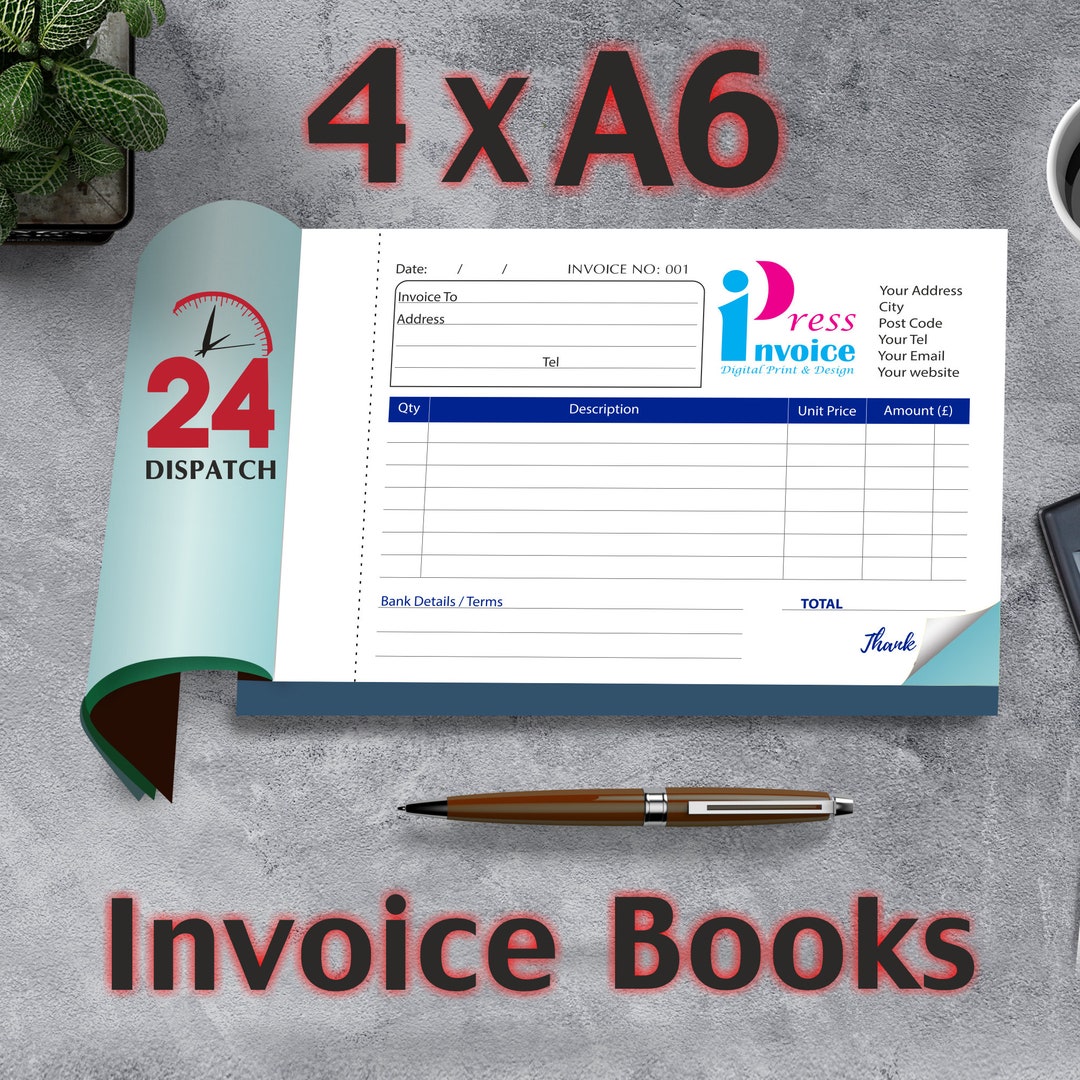 4 X A6 Personalised Duplicate Invoice Books / Invoice Pads Full Colour Printing 200 Duplicate ...