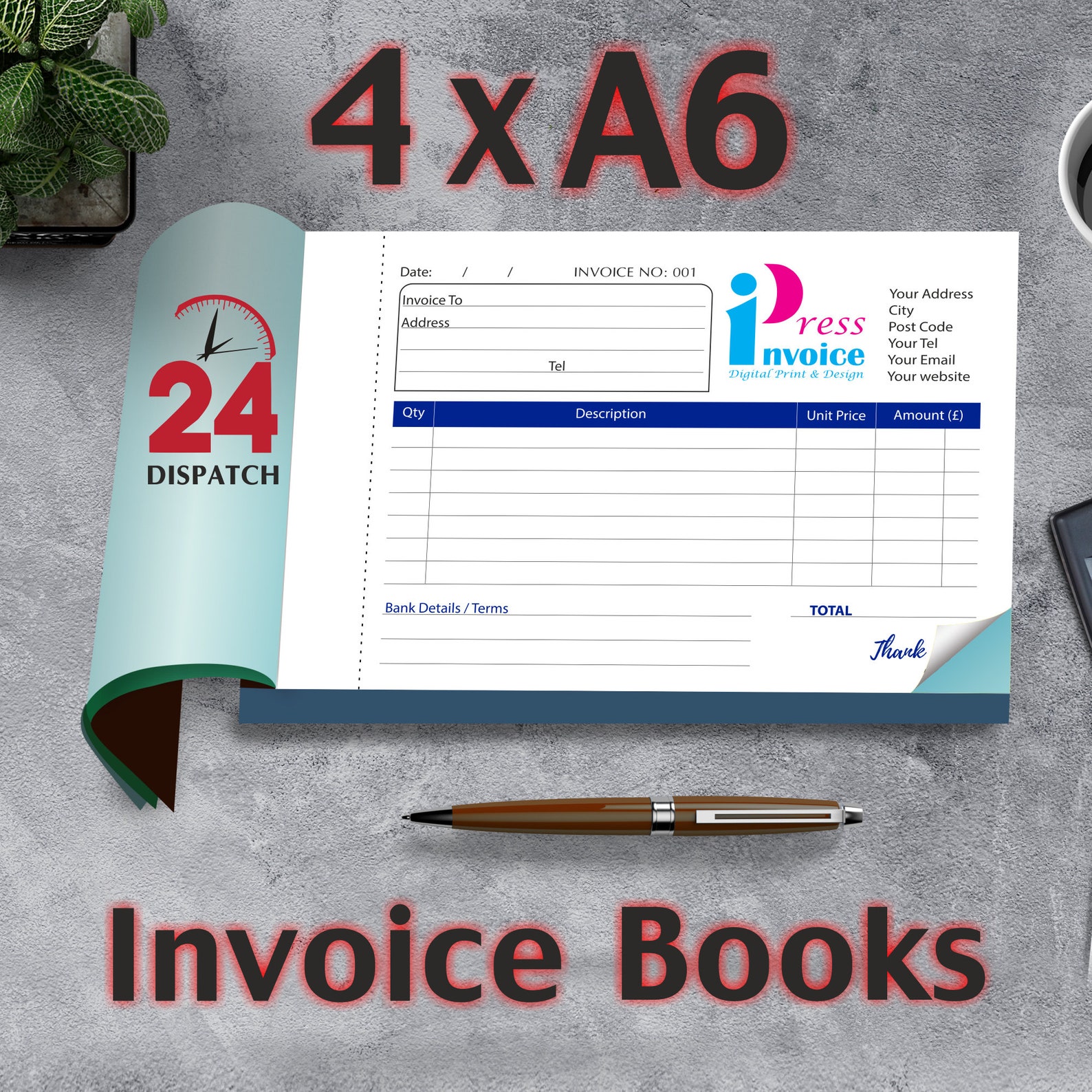 4 X A6 Personalised Duplicate Invoice Books / Invoice Pads Full Colour ...