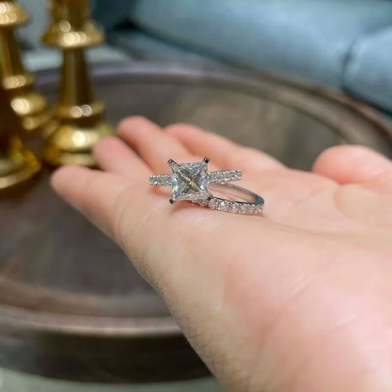 2 CT Princess Cut Moissanite Wedding Ring Set Square Cut Bridal Ring Set Round Moissanite ...