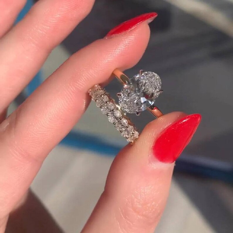 3 CT Oval Cut Moissanite Engagement Ring in 14K Gold Moissanite Bridal Ring Set for Her Wedding ...