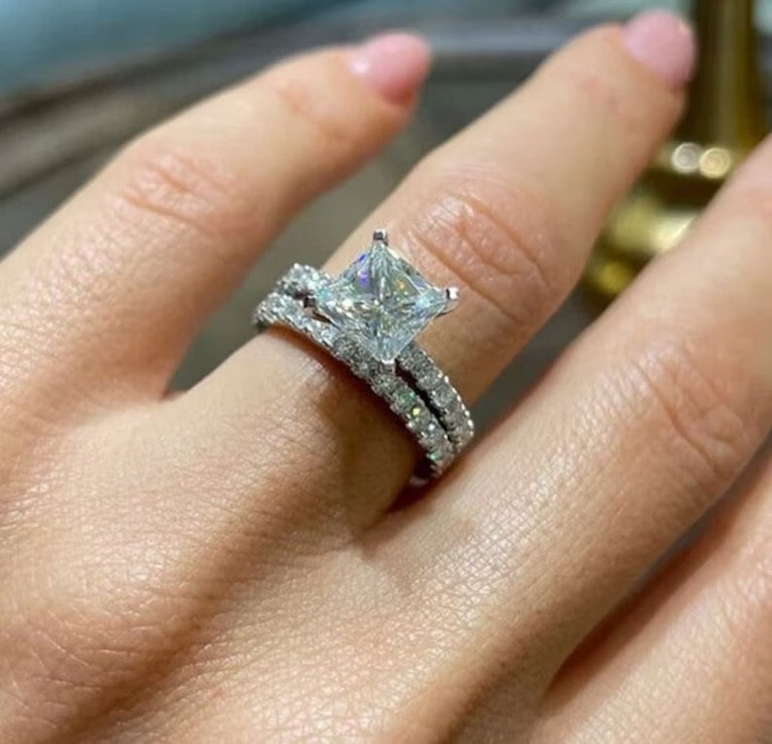 2 CT Princess Cut Moissanite Wedding Ring Set Square Cut Bridal Ring Set Round Moissanite ...