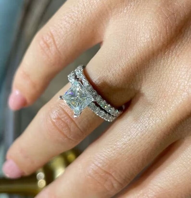 2 CT Princess Cut Moissanite Wedding Ring Set Square Cut Bridal Ring ...