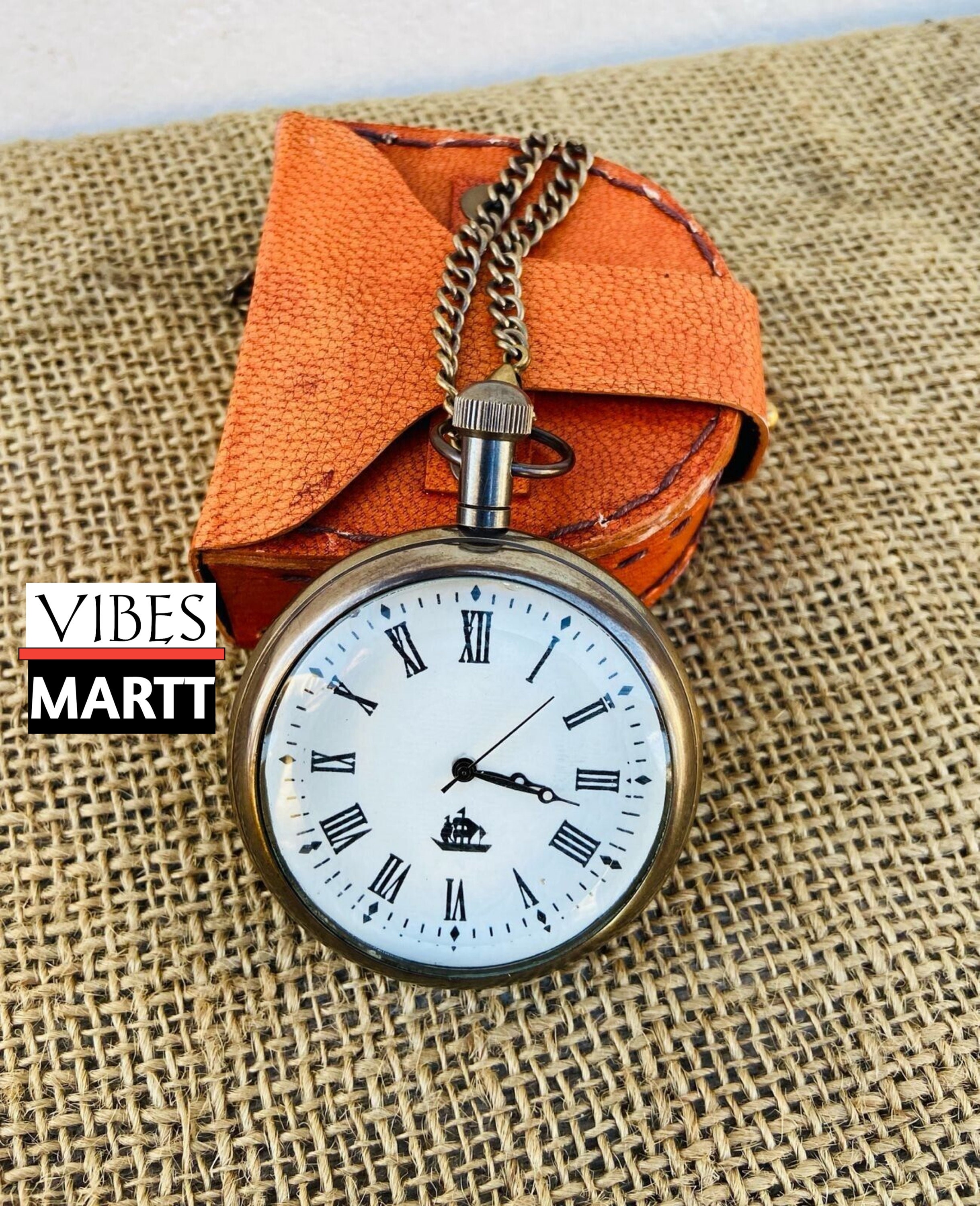 Antique Style Brass Pocket Watch Chain With Fully Leather Made Box ...