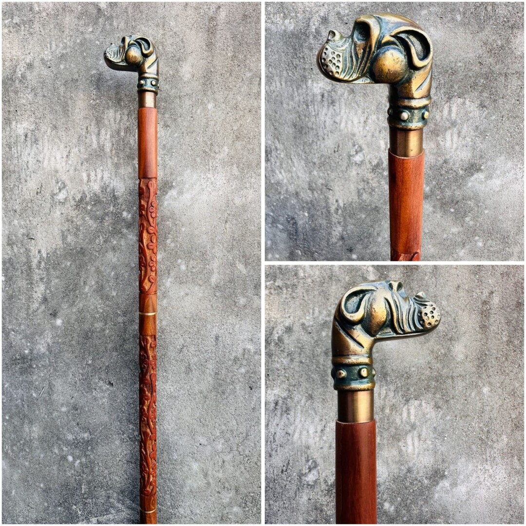 Unique Brass DOG Handle Walking Stick Cane Wooden Carving Handmade ...
